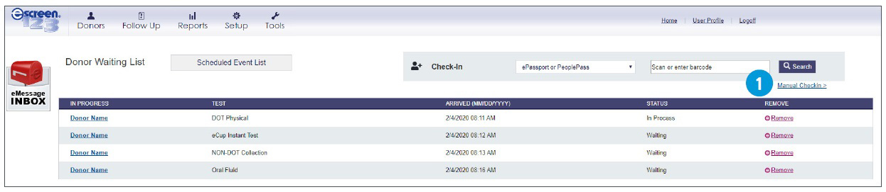 From the Donor waiting list, click Manual Check-In
